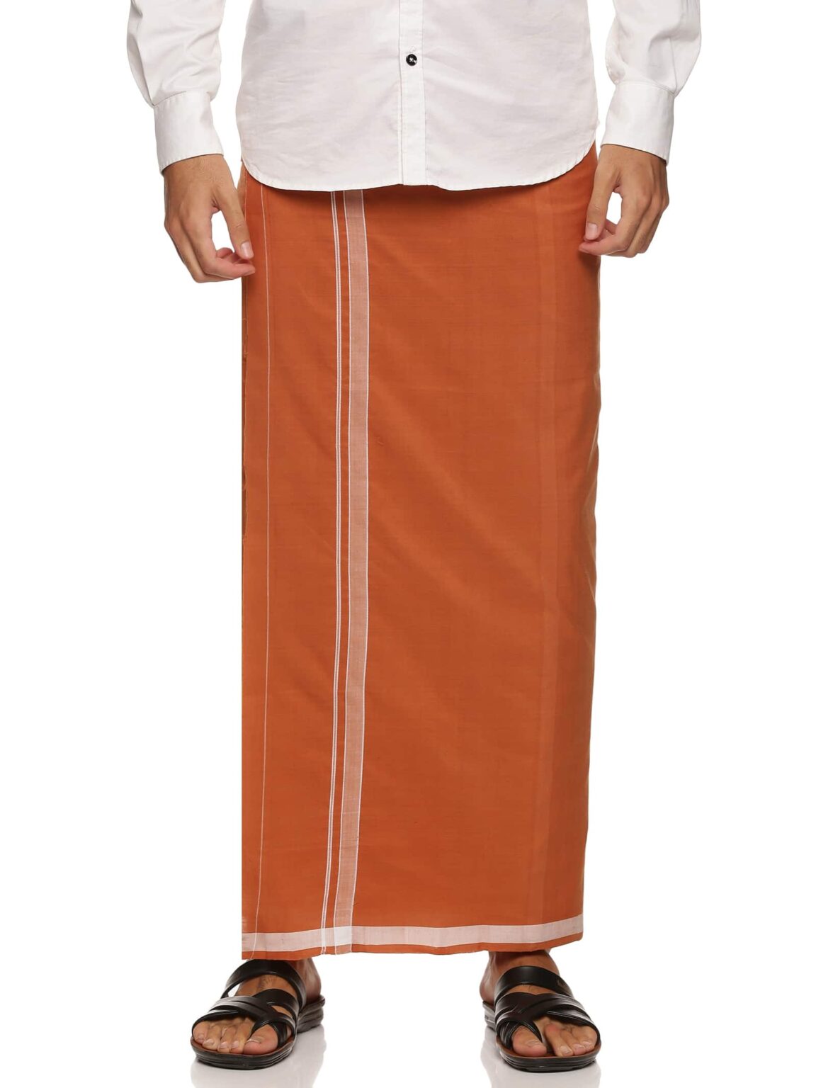Handmade cotton Kavi saffron color Single White Border Temple Mundu ...