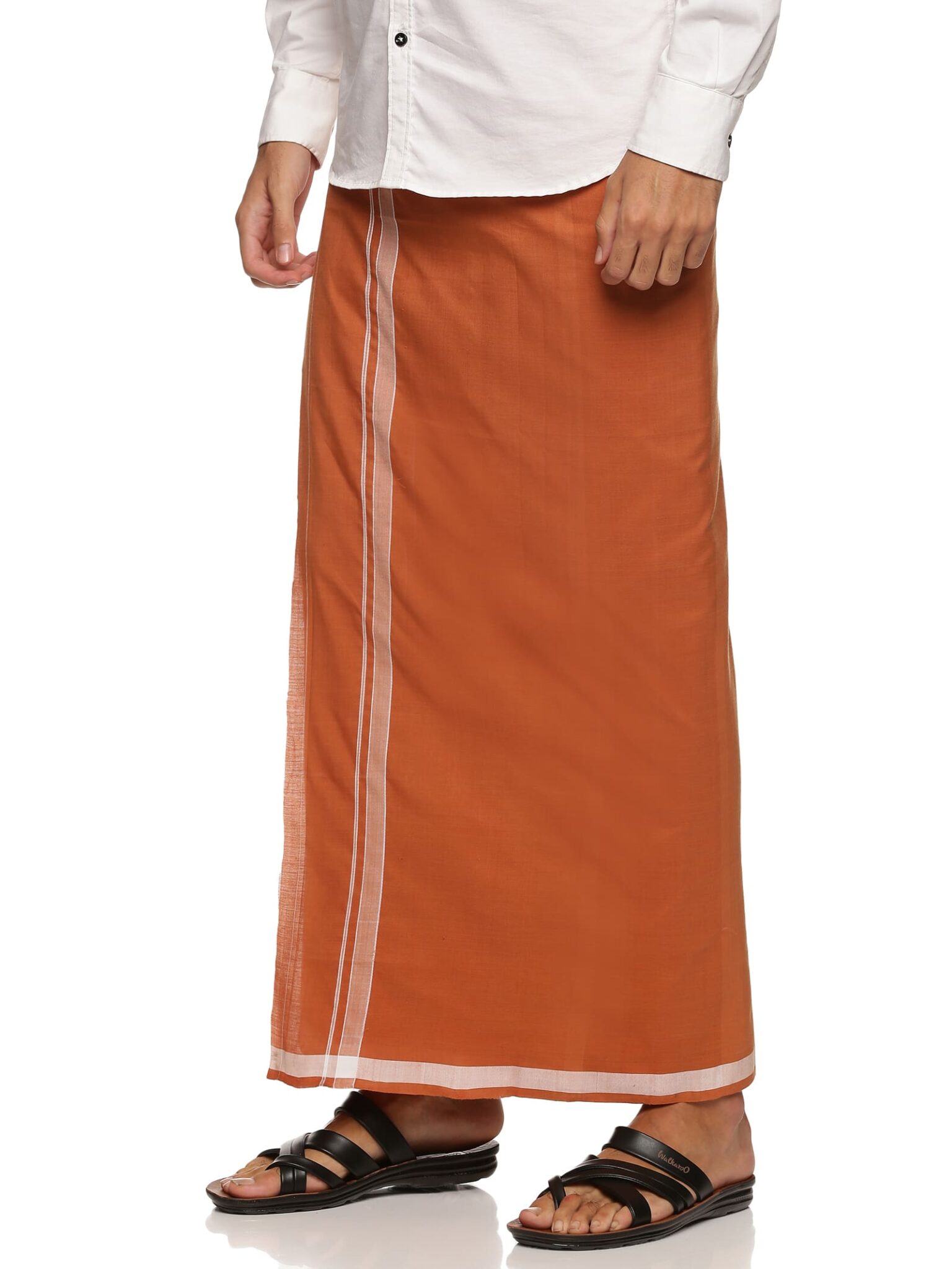 Handmade cotton Kavi saffron color Single White Border Temple Mundu ...