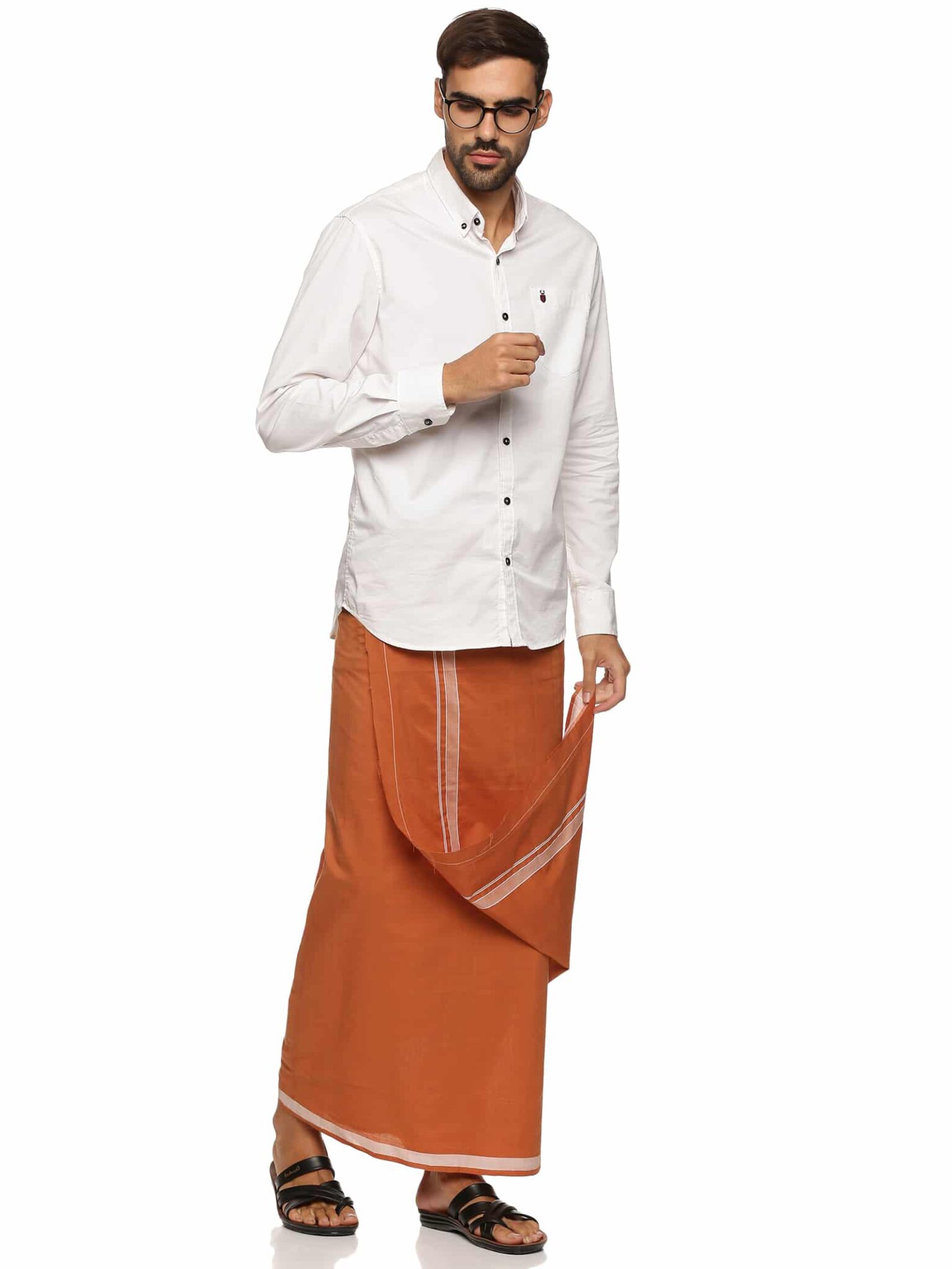 Handmade cotton Kavi saffron color Single White Border Temple Mundu ...