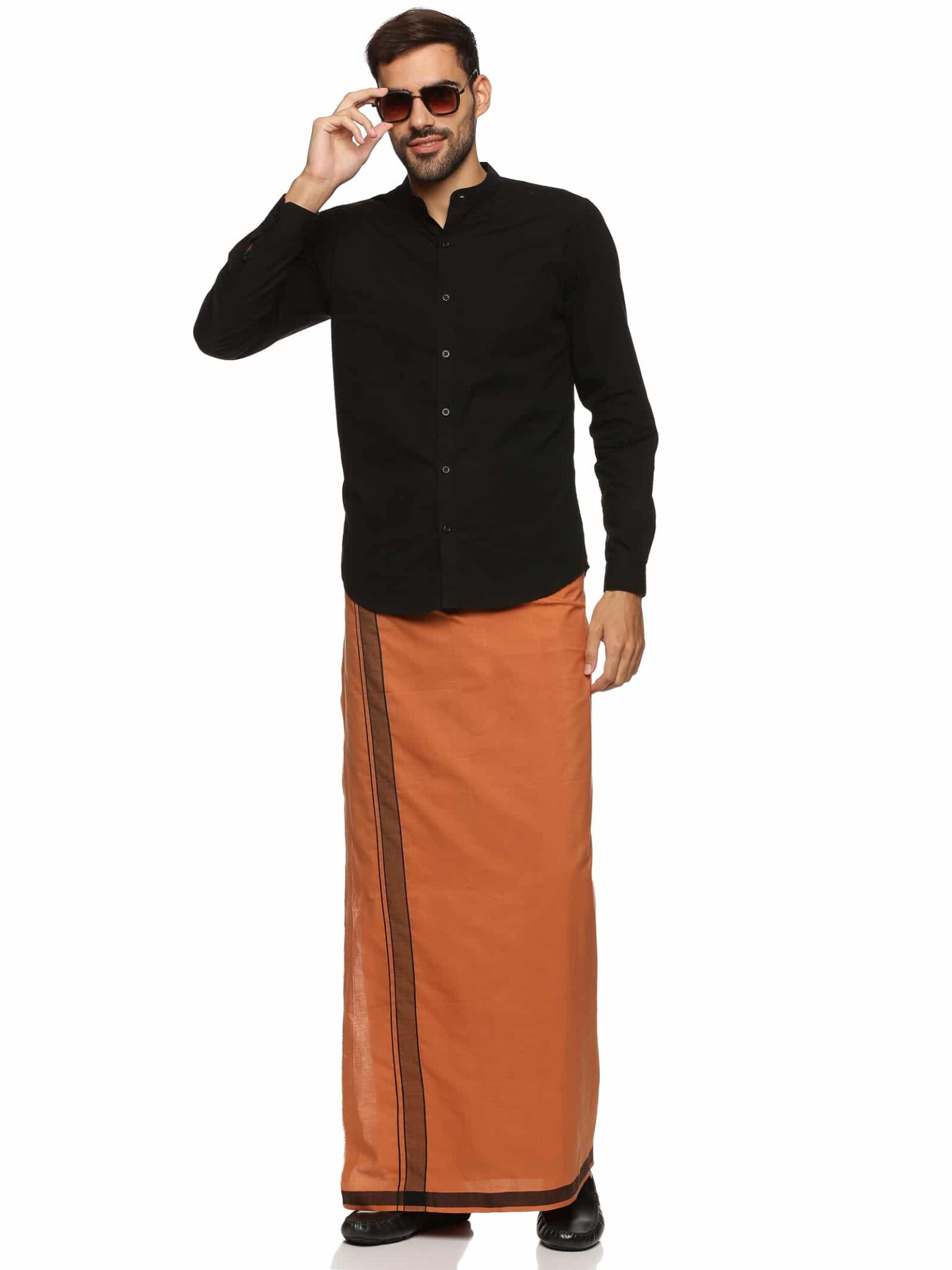 Handmade Pure Cotton Saffron color Single Black Border Temple dhoti ...